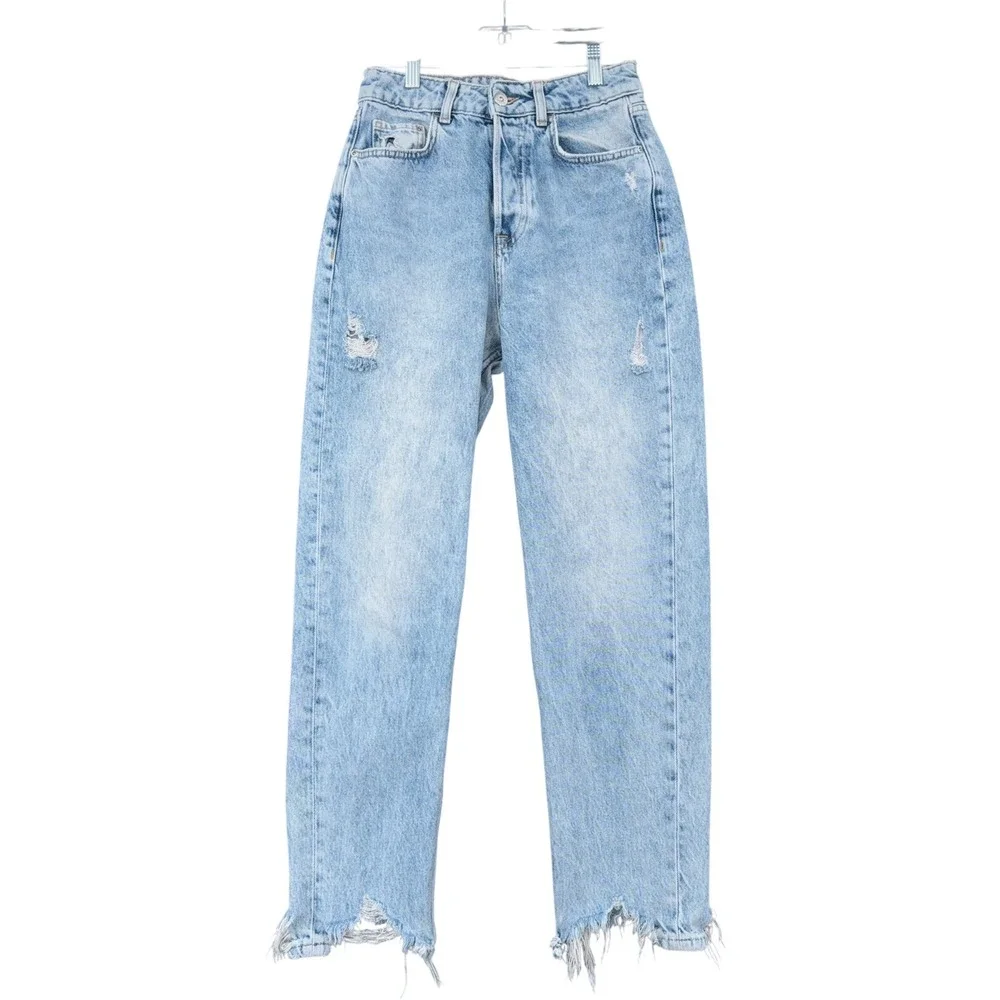 Zara | Jeans | Zara Womens High Rise Straight Leg Distressed Jeans ...